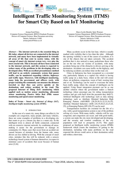 Pdf Intelligent Traffic Monitoring System Itms For Smart City Based On Iot Monitoring