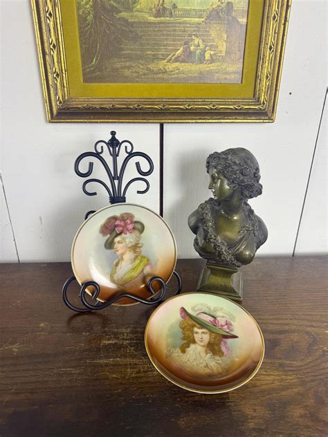 Antique French Porcelain Portrait Plate Pair By E Furlaud With Wire