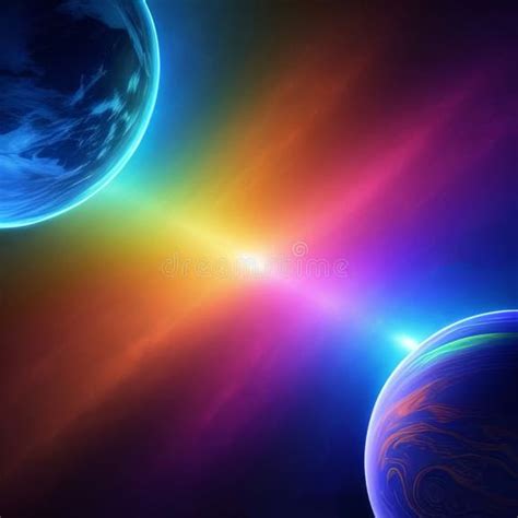 A Cosmic Scene With Two Planets Connected By A Light Beam Set Against A Dark Rainbow Space