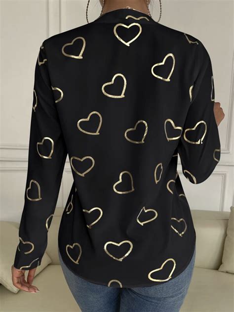 SHEIN LUNE Heart Print Notched Neck Blouse SHEIN UK