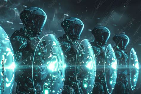 Cybersecurity Warriors In Digital Armor Deflecting Phishing Attacks With Glowing Shields In