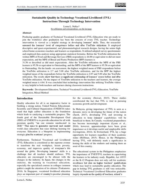 Sustainable Quality In Technology Vocational Livelihood Tvl Instructions Through Technology