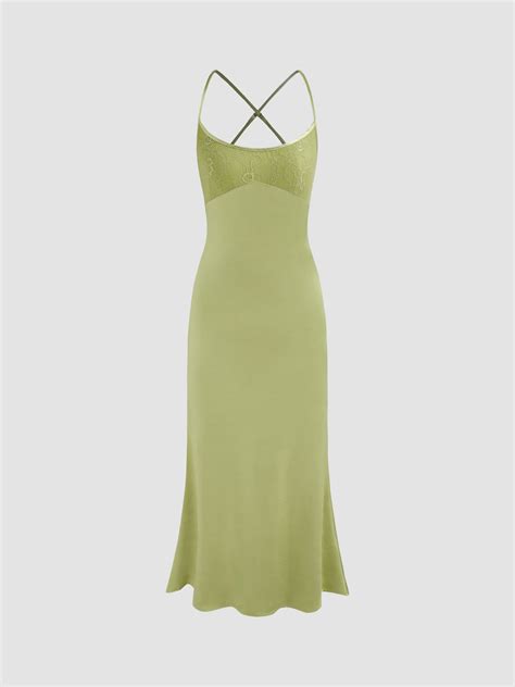 Green Dress Satin Satin Scoop Neckline Floral Criss Cross Midi Dress