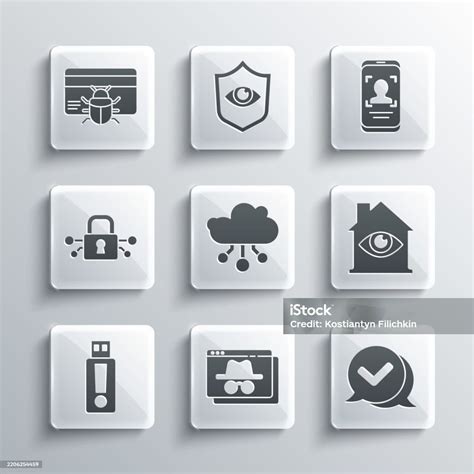 Set Browser Incognito Window Check Mark Speech Bubble House With Eye Scan Internet Of Things Usb