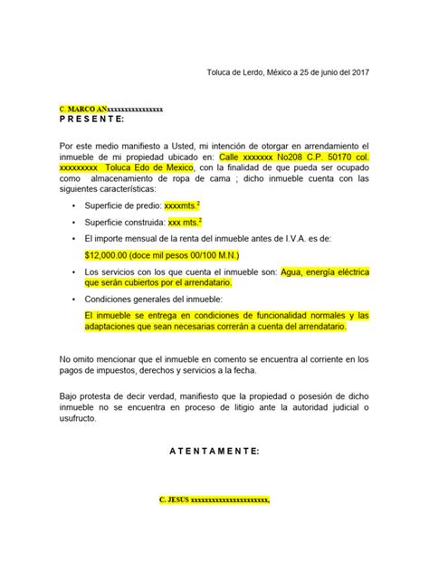 Carta De Intencion De Arrendamiento Modelo Pdf