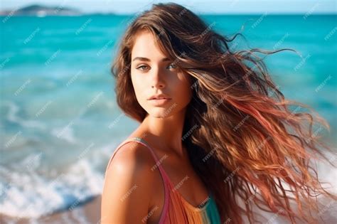 Premium Ai Image A Woman With Long Brown Hair Stands On The Beach And