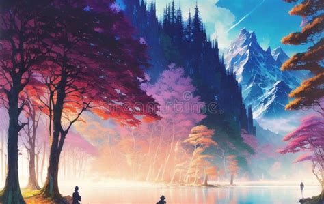 Blue Lake Serene Trees Forest Landscape Illustration Ai Generated