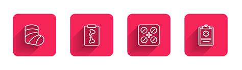 세트 라인 석고 엑스레이 샷 블리스터 팩의 알약 및 긴 그림자가 있는 임상 기록 빨간색 사각형 버튼입니다 벡터 X 레이에 대한 스톡 벡터 아트 및 기타 이미지 Istock