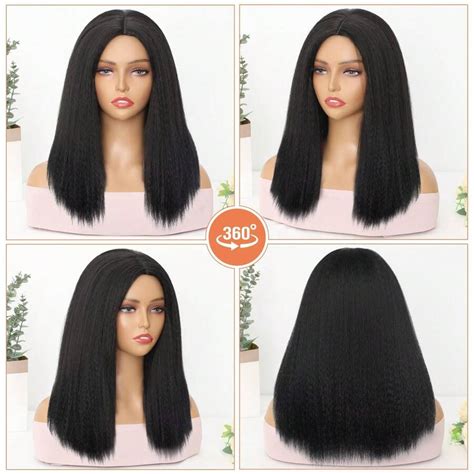 Kinky Straight Black Wig Yaki Straight Wig 150 Density Middle Part Wig