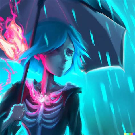 A Half Skeleton Teen Girl Holding A Pink Umbrella In The Rain Digital