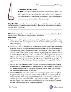 Pendulum Lab Analysis Result By Ms Dorr Teachers Pay Teachers
