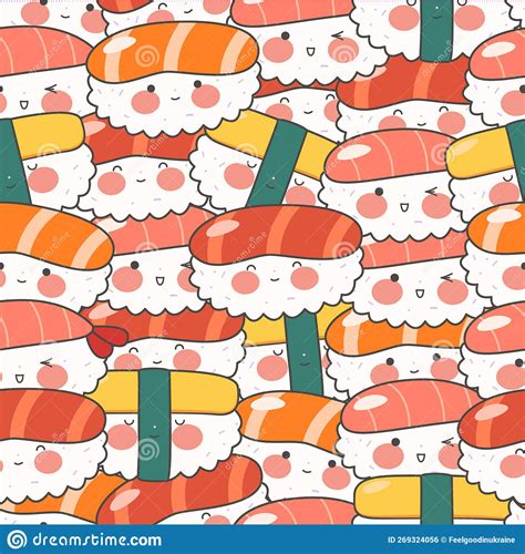 Cute Endless Pattern With Sushi Rolls And Gunkans Kawaii Ornament