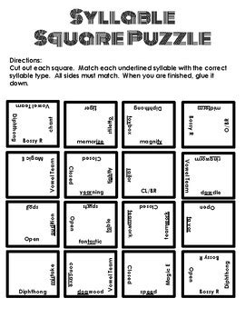Syllable Type Square Puzzle By Oh Hey Th Grade TPT