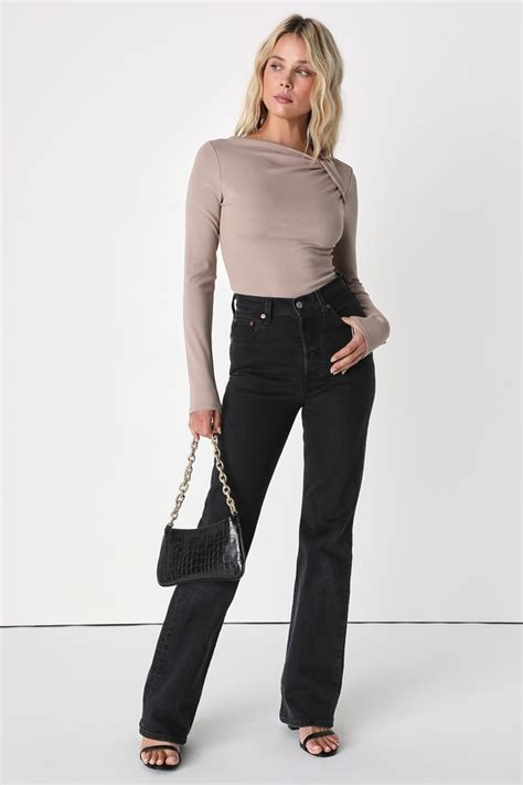 Taupe Long Sleeve Bodysuit Asymmetrical Top Ribbed Bodysuit Lulus