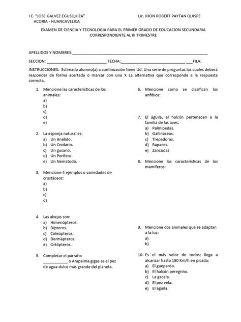 Tercer Examen Trimestral De Ciencia Y Tecnologia Jge Acoria Pdf