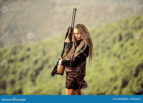 She Is Warrior Woman Attractive Long Hair Pretty Face Hold Rifle For