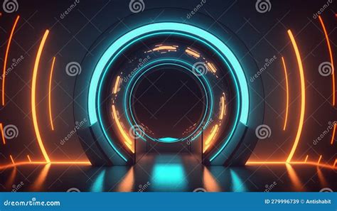 Glowing Neon Ring Light In Tunnel 3d Render Stock Illustration