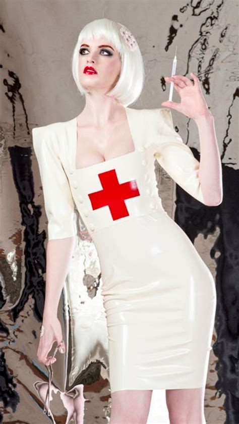 Latex Clothing Nurse Dress In White With Red Cross Shoulder Etsy