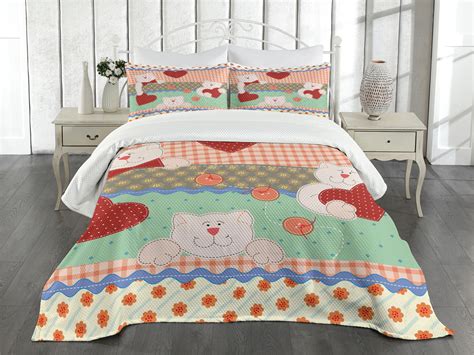 Ambesonne Shabby Flora Quilted Bedspread Set 3 Pcs Teddy Bears Queen