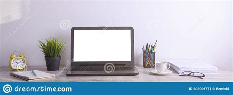 Modern White Office Desk Table Mockup Work Space With Laptop Computer
