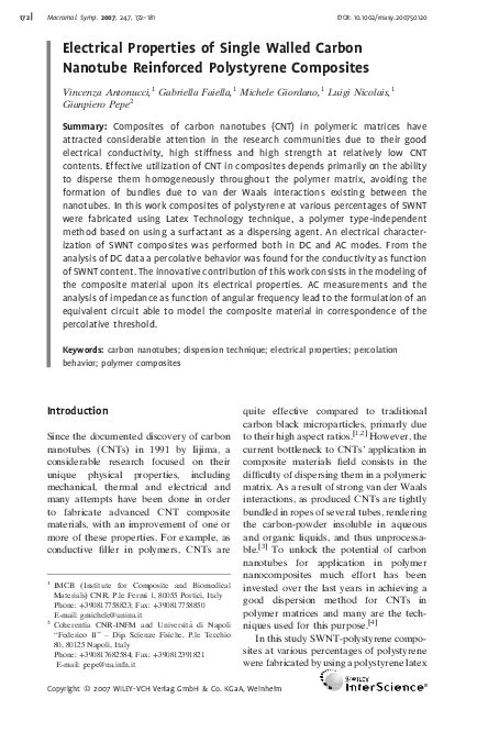 Pdf Electrical Properties Of Single Walled Carbon Nanotube Reinforced Polystyrene Composites