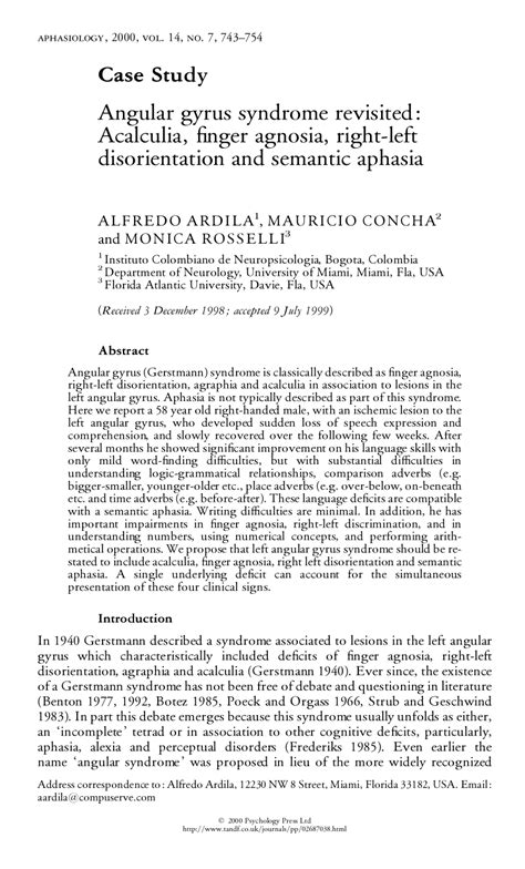 Pdf Angular Gyrus Syndrome Revisited Acalculia Finger Agnosia