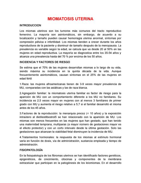 Miomatosis Uterina Resumen Ginecologia Studocu