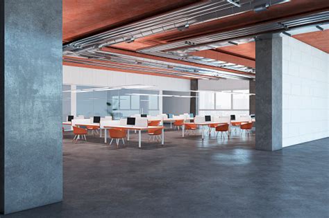 도시 전망과 가구를 갖춘 깨끗한 그런지 코워킹 오피스 인테리어 3d 렌더링 0명에 대한 스톡 사진 및 기타 이미지 0명 3차원 형태 가구 Istock