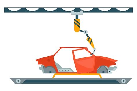 공장 조립 라인 산업 로봇 암은 컨베이어 벨트에 자동차를 조립합니다 자동화된 제조가 있는 자동차 공장 혁신적인 장비를 갖춘 차량 생산 공정 프리미엄 벡터