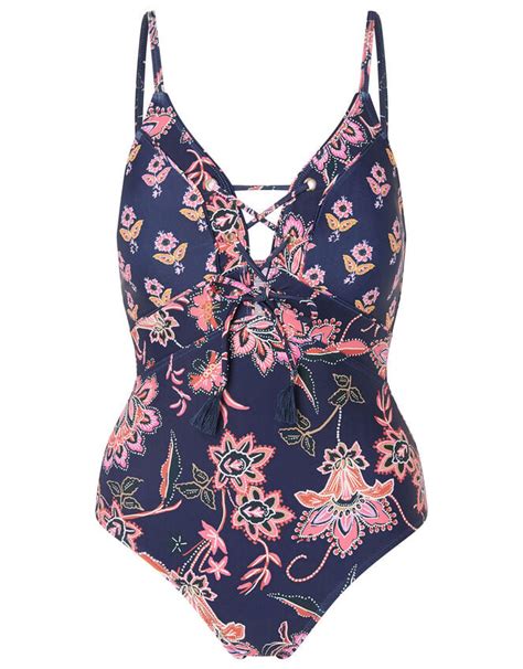 Lace Up Printed Swimsuit With Recycled Polyester Blue