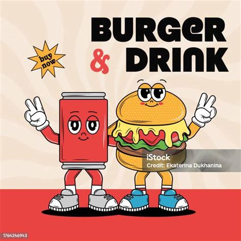 펑키 만화 캐릭터 햄버거와 그루비 스타일의 음료가 있는 포스터 행복한 얼굴로 배달 서비스를위한 복고풍 카드 빈티지 히피 디자인과 버거 바 레스토랑 카페 소셜 미디어 게시물에