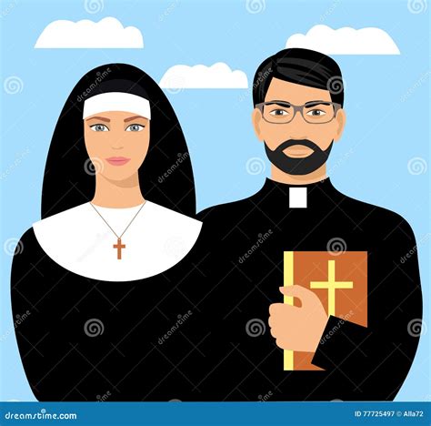 Young Priest With A Bible And A Nun Vector Flat Cartoon Illustration
