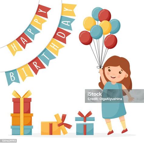 풍선을 들고 소녀 선물과 비문 생일 축하 와 깃발의 화환 옆에 벡터 일러스트레이션 가공의 인물에 대한 스톡 벡터 아트 및 기타 이미지 가공의 인물 귀여운 기 Istock