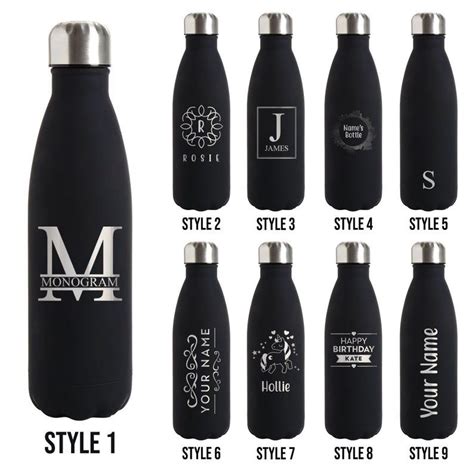 The Different Styles And Sizes Of Stainless Steel Water Bottles Are Shown With Their Names On Them