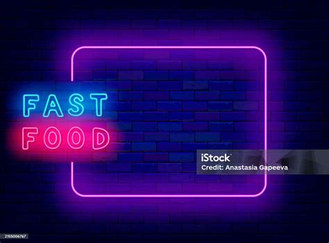 패스트 푸드 네온 발표 카페와 레스토랑 길거리 식사와 유원지 빈 보라색 프레임입니다 벡터 일러스트 레이 션 개념에 대한 스톡 벡터 아트 및 기타 이미지 Istock