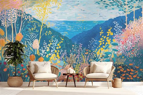 Papier peint Fleurs colorées et mer Peinture