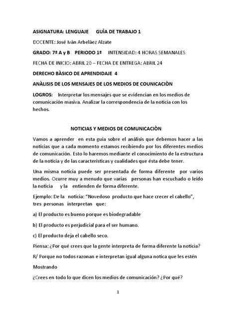 Guía 1 Septimo La Noticia Y Los Medios De Comunicaciòn Resuelto Pdf