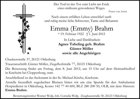Traueranzeigen Von Emma Brahm Nordwest Trauerde