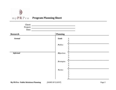 Public Relations Program Planning Sheet Pdf Business Business And