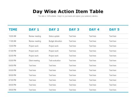 Day Wise Action Item Table Powerpoint Slides Diagrams Themes For