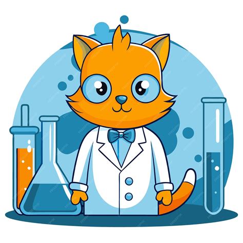 실험실 코트와 실험실 코트를 가진 만화 고양이 프리미엄 벡터