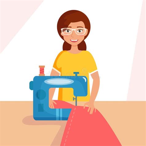 Woman Seamstress Using Her Sewing Machine Coloring Book Page Stock