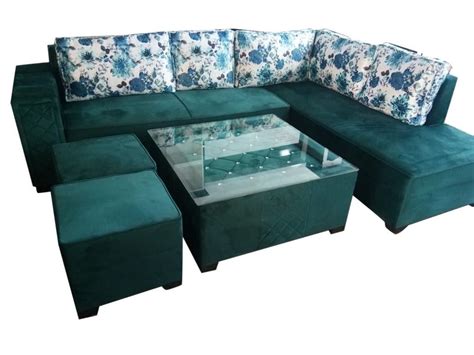 Green And Brown 6 Seater L Shape Velvet Wooden Sofa Set Without