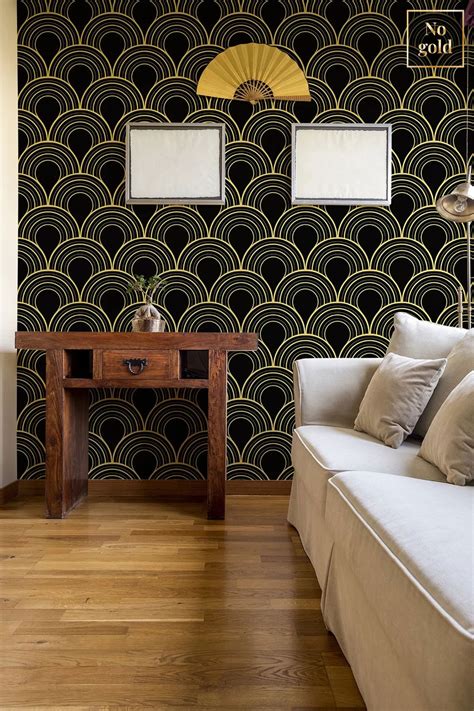 Black And Yellow Art Deco Circular Pattern Wallpaper Repositionable