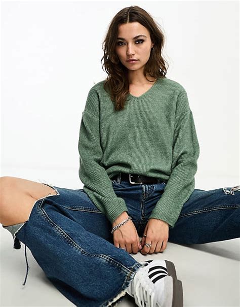 Only V Neck Sweater In Dark Green Heather Asos