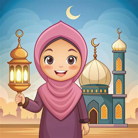 Cute Girl Moslem Holding Lantern Cartoon Vector Icon Illustration
