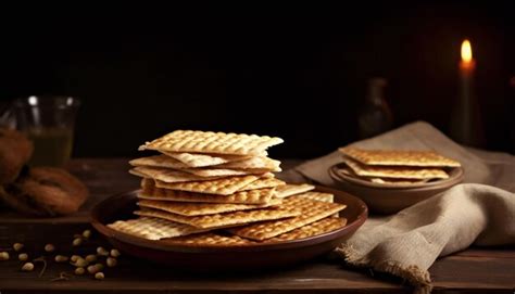 Premium Ai Image Traditional Matzah Bread On Rustic Wooden Table