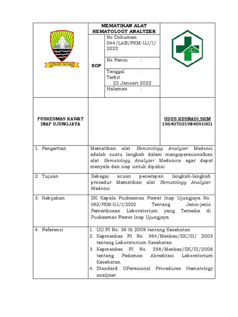 44 Sop Mematikan Alat Hematology Analizer Pdf