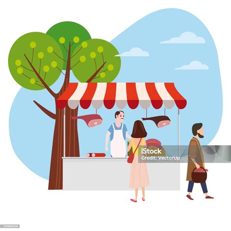 길거리 음식 고기 시장 Talls 캐노피 및 제품 쇠고기 돼지고기와 닭고기 생산 판매자와 구매자입니다 벡터 삽화 격리 배너 템플릿 만화 플랫 3차원 형태에 대한 스톡 벡터