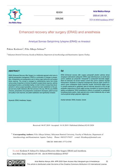 Pdf Enhanced Recovery After Surgery Eras Ve Anestezİ